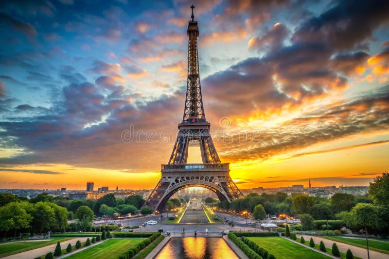 Eiffel Tower in Paris Wide Angle Evening Shot Stock Illustration ...