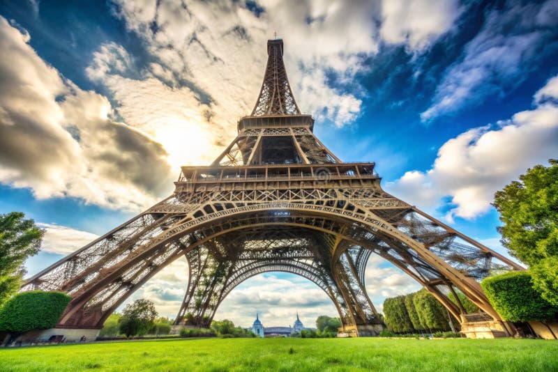 Eiffel Tower in Paris Wide Angle Shot from Ground Stock Illustration ...