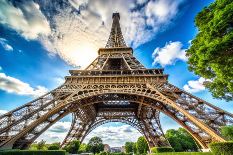 Eiffel Tower in Paris Wide Angle Shot from Ground Stock Illustration ...