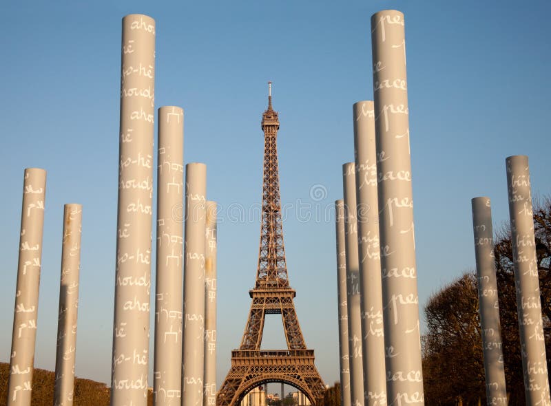 Eiffel Tower and Peace Monument Pillars Stock Image - Image of parisian ...