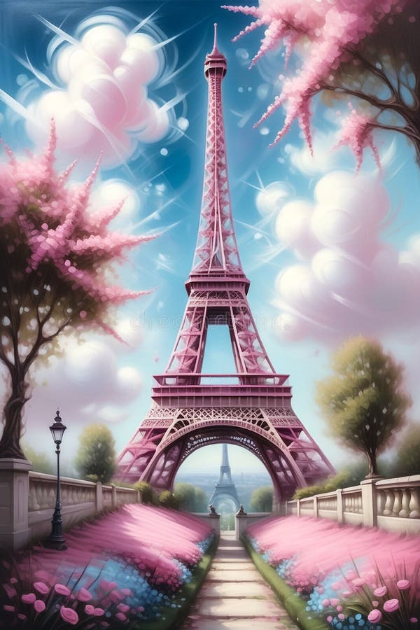 The Eiffel Tower in the Pink Dream World Stock Illustration ...