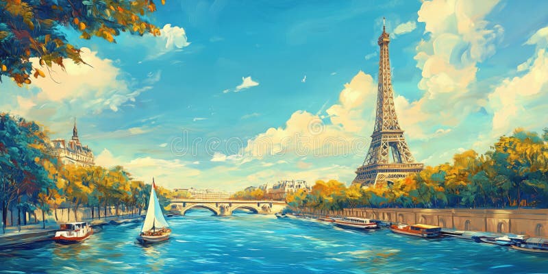 Eiffel Tower and Seine River in Paris with Sailboat and Vibrant Sky ...