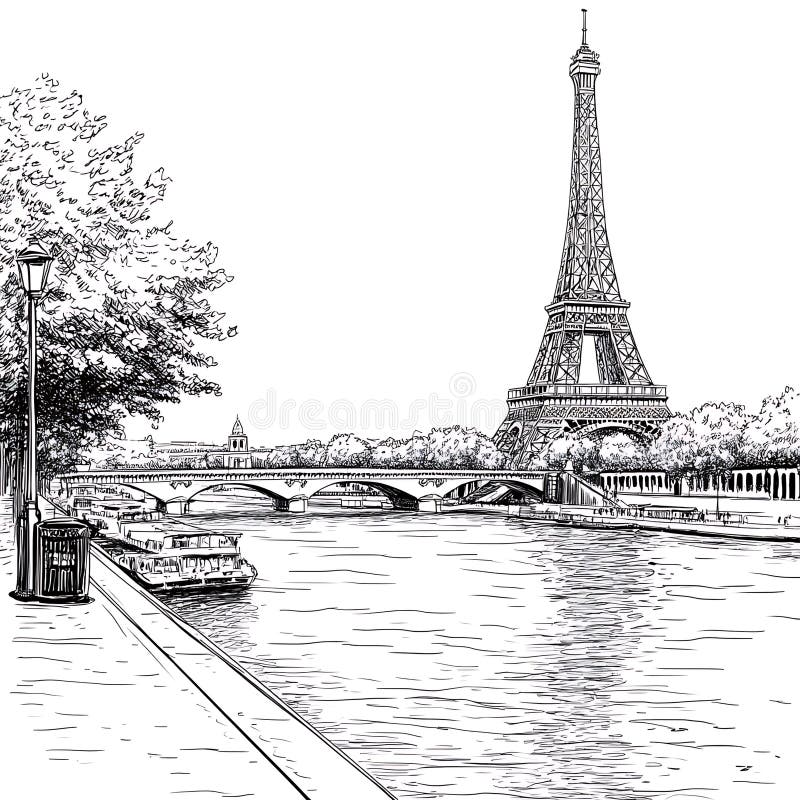 Eiffel Tower, Seine River, Paris Sketch. (1 Stock Illustration ...