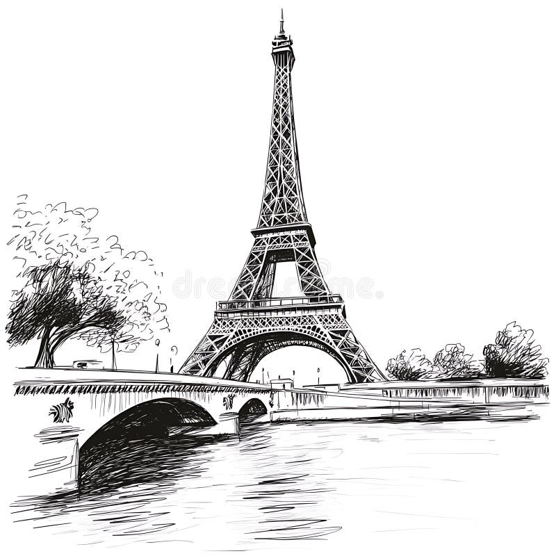 Eiffel Tower Sketch, Paris Bridge, River, Trees Stock Illustration ...
