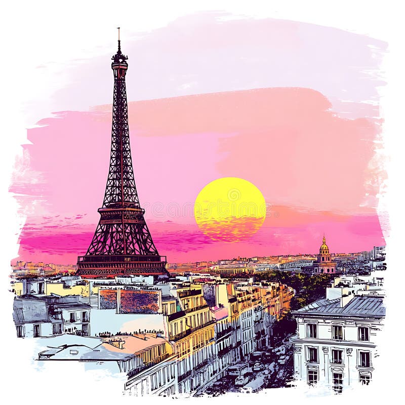 Eiffel Tower Sunset Cityscape Illustration Stock Illustration ...