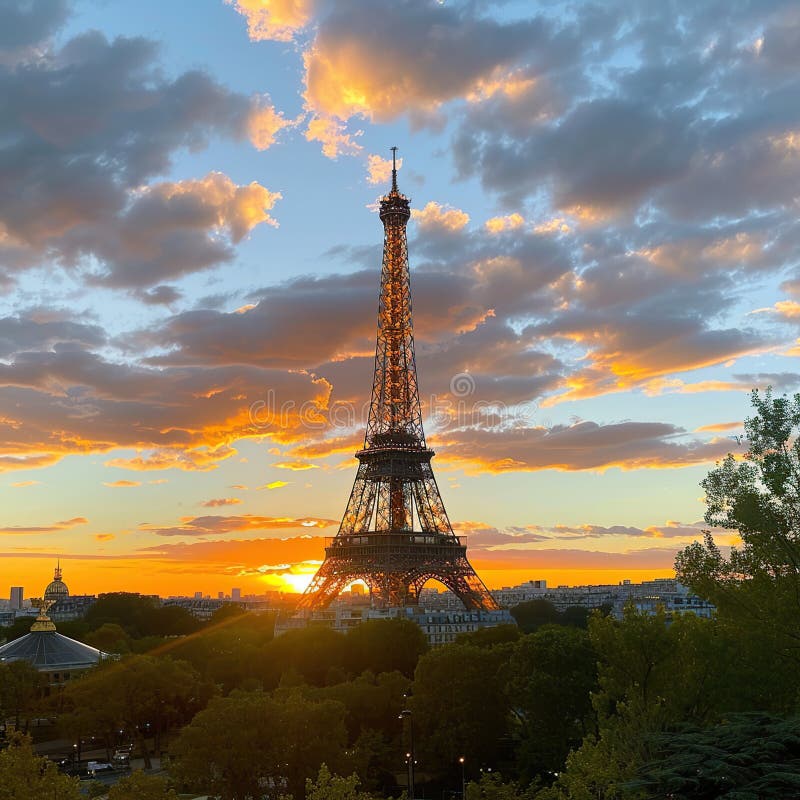 Eiffel Tower Sunset with Colorful Clouds and Trees Stock Photo - Image ...