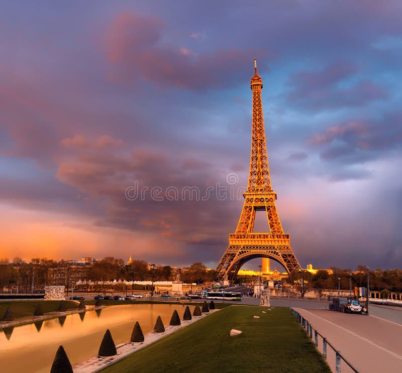 Eiffel Tower on a Sunset Half-lit with Last Rays of the Setting ...