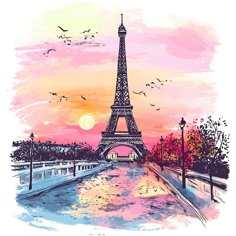 Eiffel Tower Sunset, Watercolor Sketch Stock Illustration - Illustration of romantic, background ...