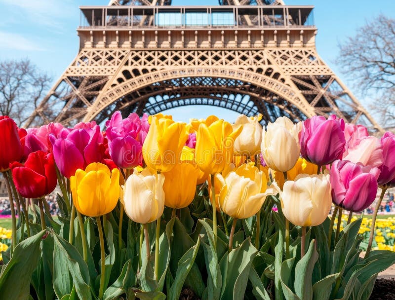 Eiffel Tower Surrounded by Spring Tulips in Field of Mars, Paris ...