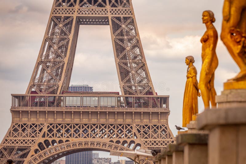 Eiffel Tower from Trocadero with Golden Statues, Paris, France Stock ... Eiffel Tower from Trocadero with Golden Statues, Paris, France Stock ...