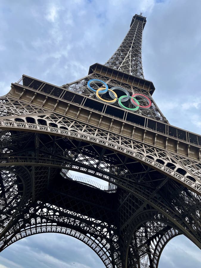 Eiffel Tower Seen from Below with Olympic Rings in Preparation for 2024 ...