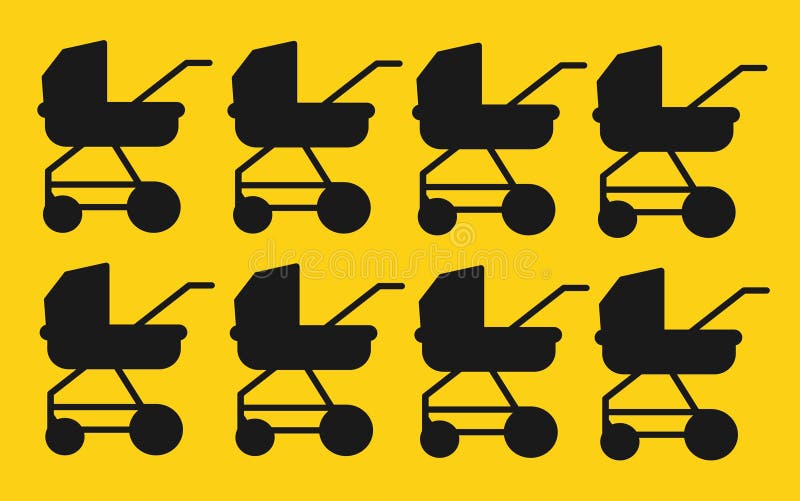 Eight Baby Pram Stroller Set Against a Yellow Backdrop Stock ...