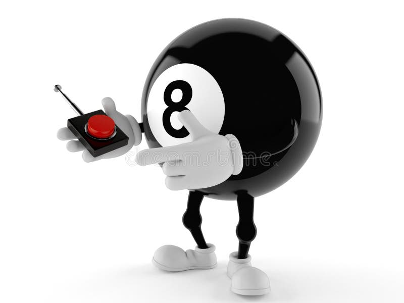 Eight Ball Character Pushing Button on White Background Stock ...