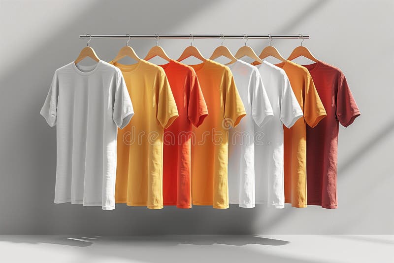Eight Basic T-Shirts Hanging on a Clothes Rack in a Studio Setting ...