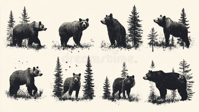 Eight Bears in Forest Wildlife Illustration, Nature Art, Tattoo Design ...
