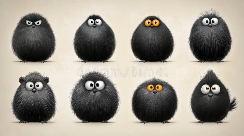 Eight Black Fuzzy Creatures with Different Expressions and Features ...