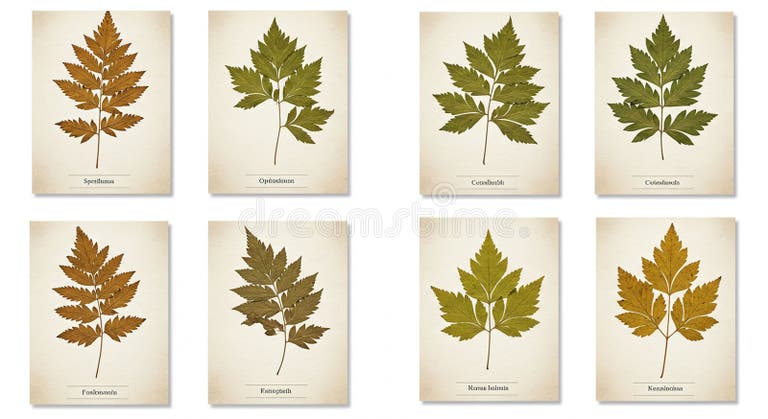 Eight Botanical Illustrations Display Various Leaf Specimens, Each ...