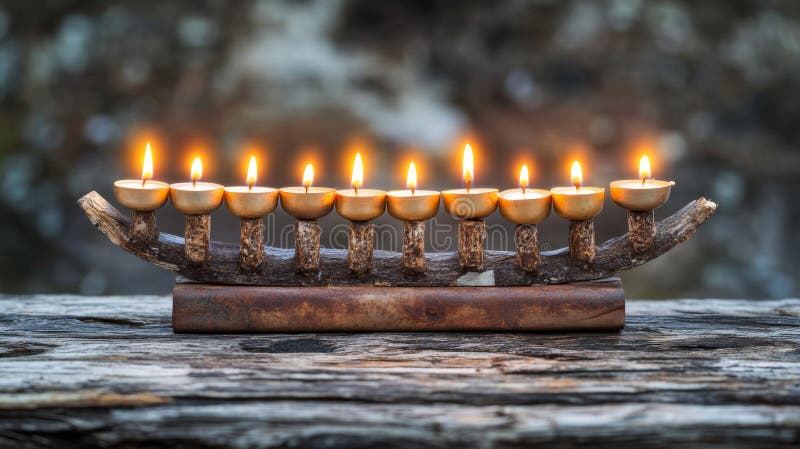 Eight Burning Candles on a Wooden Menorah Stock Illustration ...