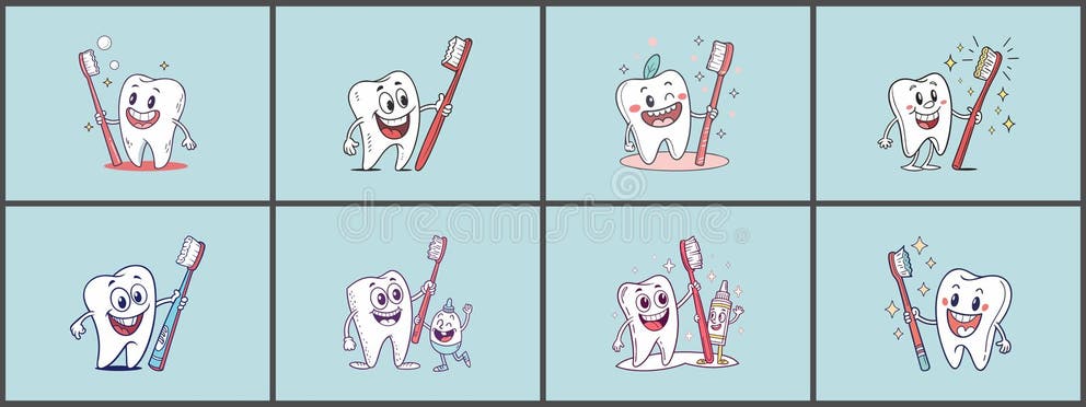 Eight Cartoon Teeth Characters Brushing Teeth with Toothbrushes and ...