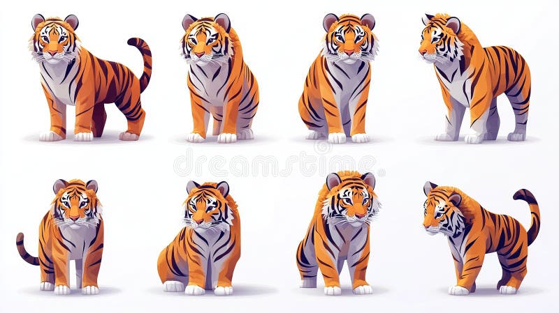 Eight Cartoon Tigers in Various Poses, Isolated on White Background ...