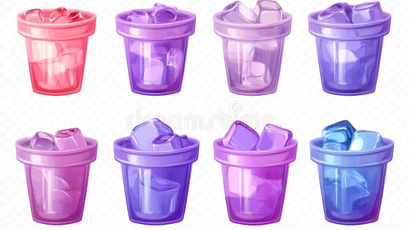 Eight Colorful Cups Filled with Ice Cubes, Isolated on White Background ...