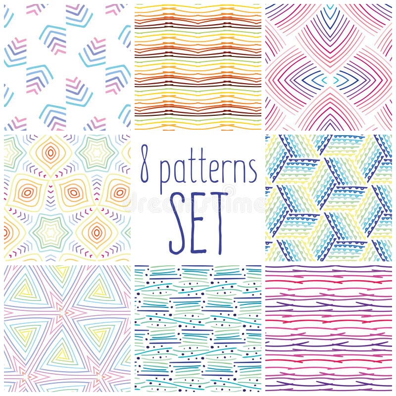 Eight Colorful Pattern Set, Doodle Patterns for Your Design. Stock ...
