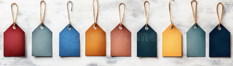 Eight Colorful Tags with String Hang Against a White Background Stock ...