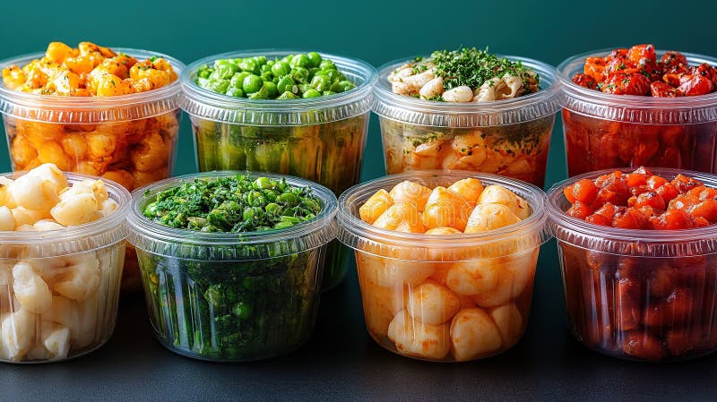 Eight Containers of Various Prepared Vegetable Side Dishes Stock ...