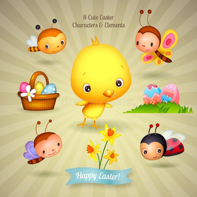 Eight Cute Easter Character Illustrations Stock Vector - Illustration ...