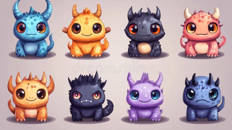 Eight Cute Monsters Cartoon Characters with Big Eyes on White ...