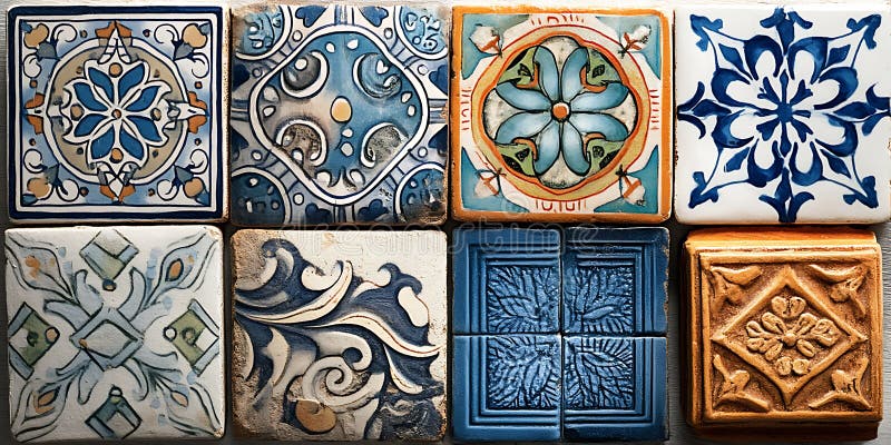 Eight Decorative Ceramic Tiles are Arranged in Two Rows. the Designs ...