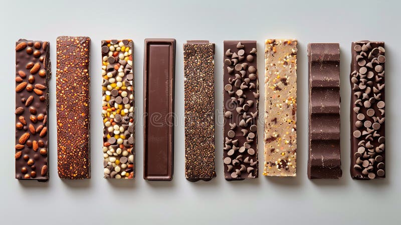 Eight Different Chocolate Bars with Various Toppings, Arranged in a Row ...