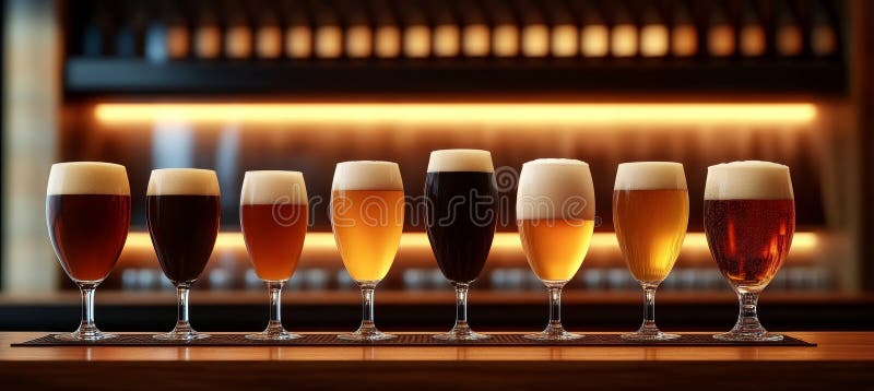 Eight Different Draft Beers in Pint Glasses on a Bar Counter with a ...