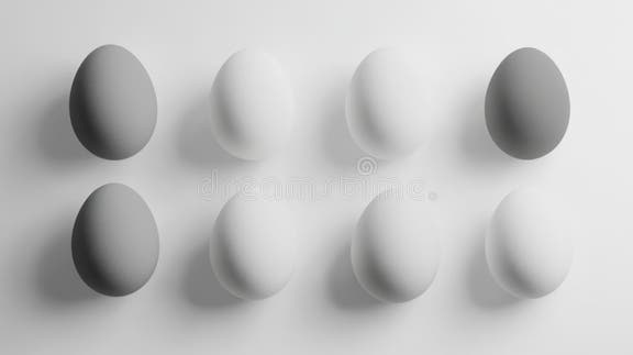 Eight Egg Shaped Objects in Varying Shades of Gray Arranged in Rows on ...