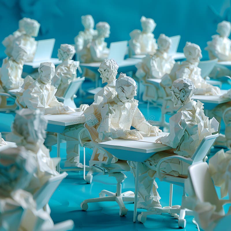 Eight Figures, Crafted from Crumpled Paper, Sit Around a Table, Engaged ...