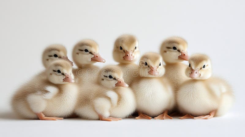 Eight Fluffy Ducklings Huddle Together on a White Background Stock ...