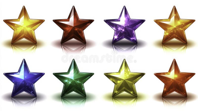 Eight Glossy, Three-dimensional Star Illustrations in Various Vibrant ...