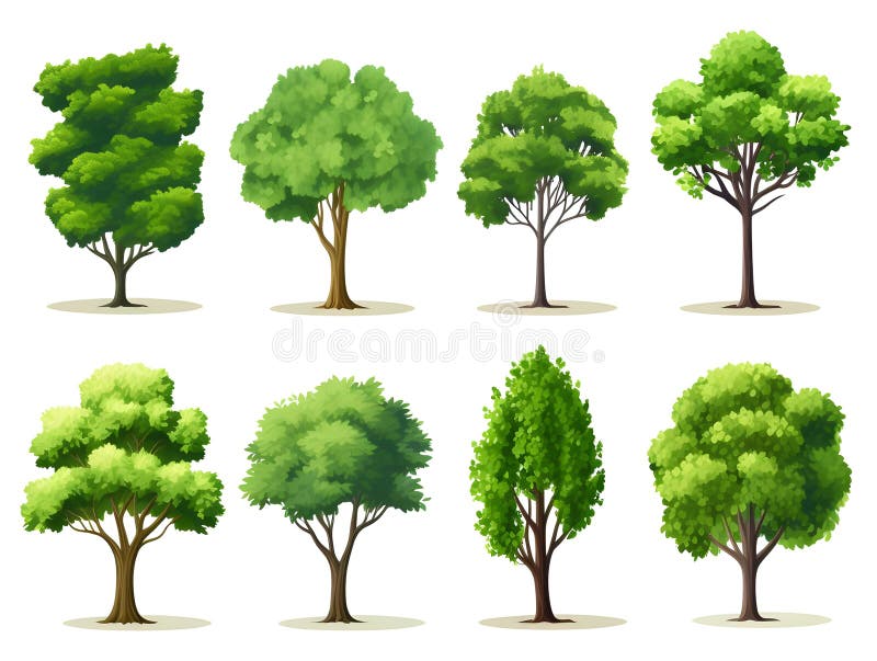 Eight Green Trees Isolated on White Background. Illustration ...