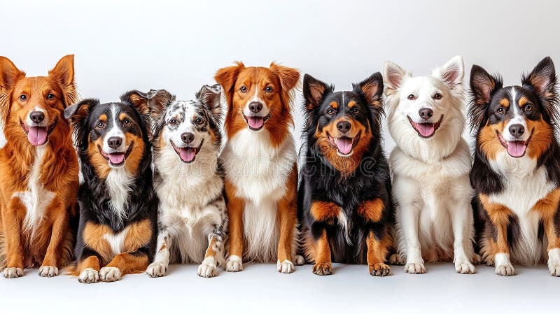 Eight Happy Dogs of Various Breeds Sitting in a Row Against a White ...