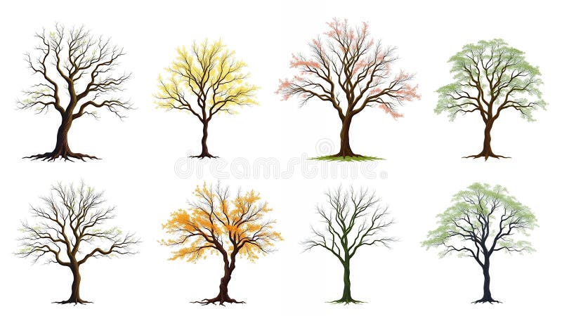 Eight Illustrations of a Tree in Different Seasons Stock Illustration ...