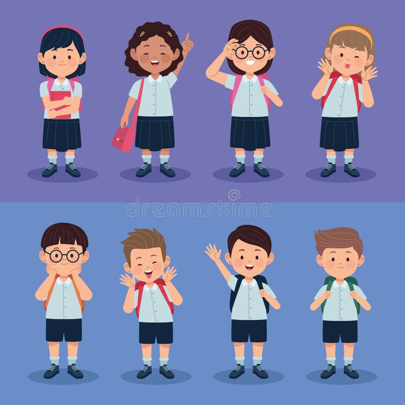 Eight little students kids stock vector. Illustration of schoolbag ...