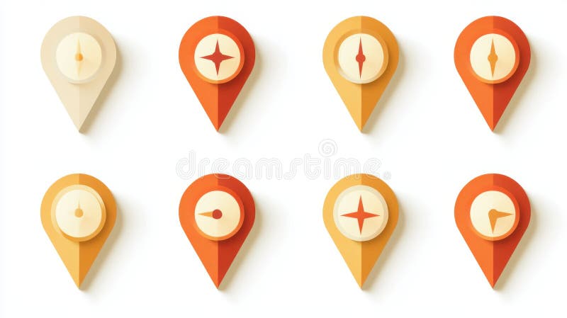 Eight Location Pin Icons with Different Compass Directions on a White ...