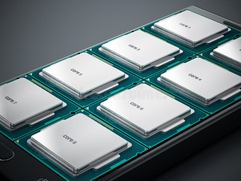 Eight Microprocessor Cores on Smartphone. 3D Illustration Stock ...