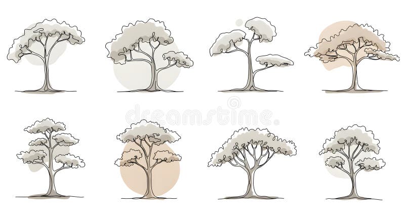 Eight Minimalist Tree Line Art Illustrations Stock Illustration ...