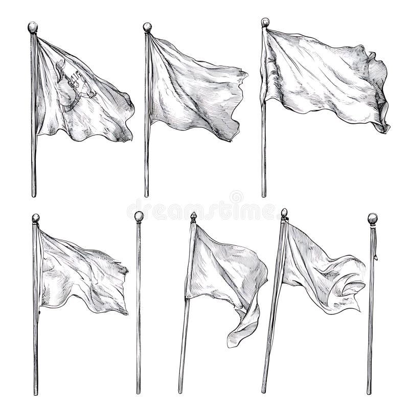 Eight Monochrome Sketch Illustrations of Flags Waving on Poles Stock ...