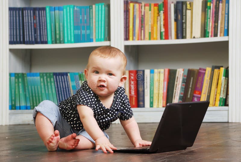 Eight Months Old Todler Baby Playing with Tablet Pc on the Floor Stock ...