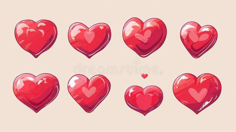 Eight Red Hearts with Various Styles and Poses on a Light Background ...