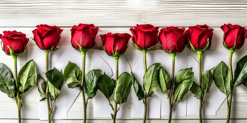 Eight Red Roses Arranged on White Wooden Background with Envelopes ...