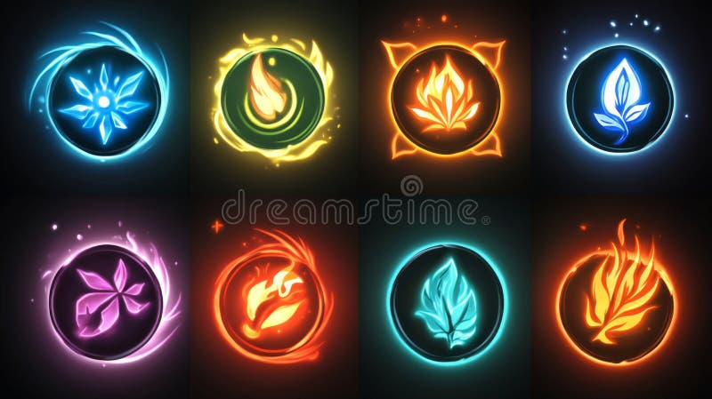 Eight Round Elemental Icons with Glowing Borders on Black Background ...
