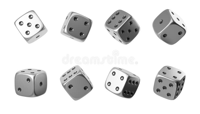 Eight Silver Dice in Half Turn Showing Different Numbers on White ...